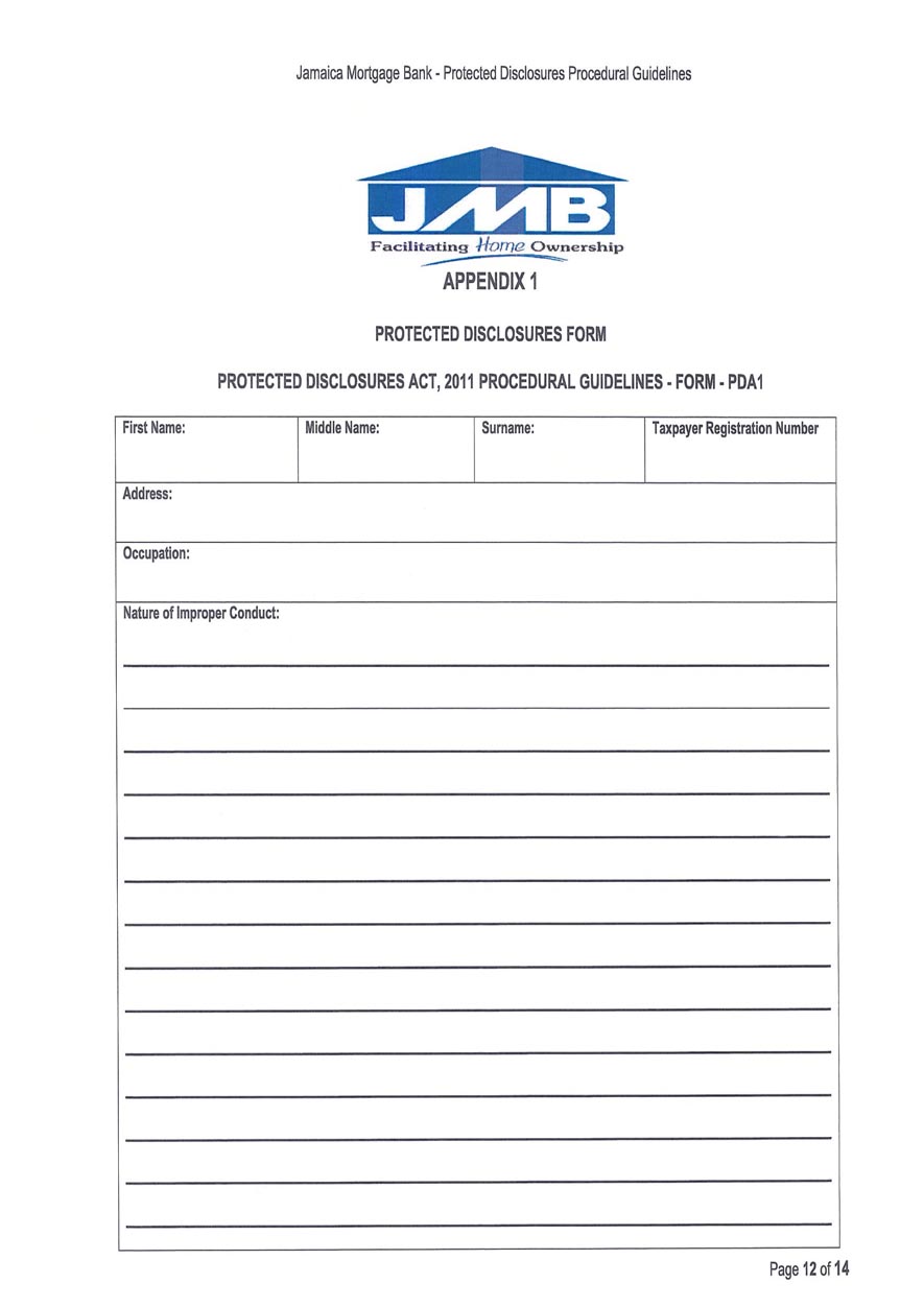 Protected Disclosure Form - Jamaica Mortgage Bank